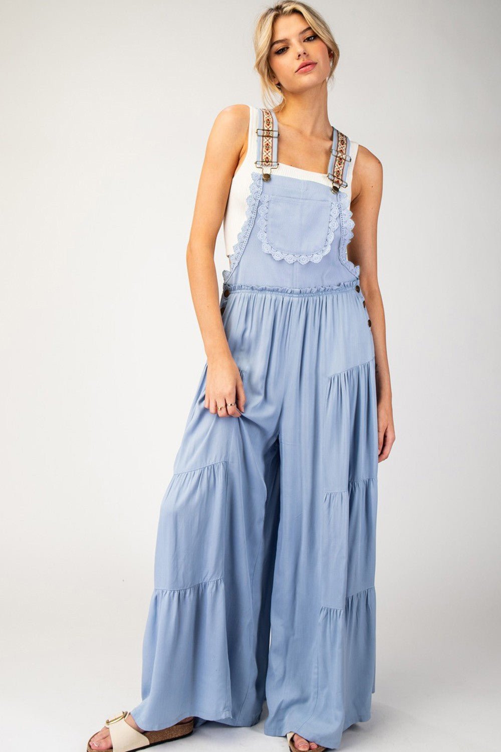 Free Spirit Lace Trim Wide Leg Overalls LIGHT BLUE Simply Me Boutique