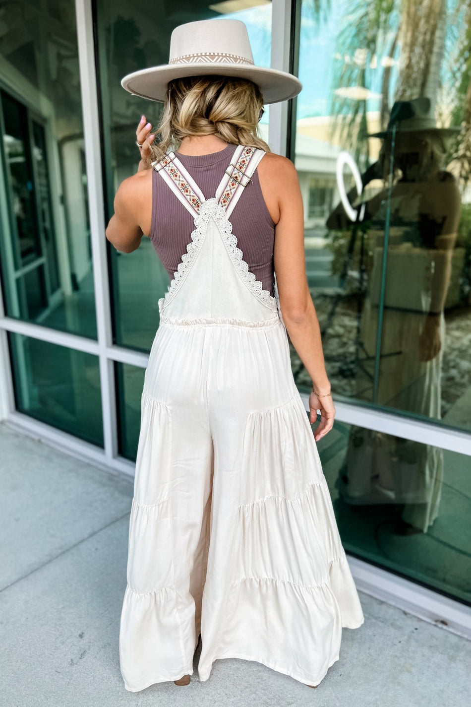 Free Spirit Lace Trim Wide Leg Overalls Oatmeal | Boho Style Outfit ...