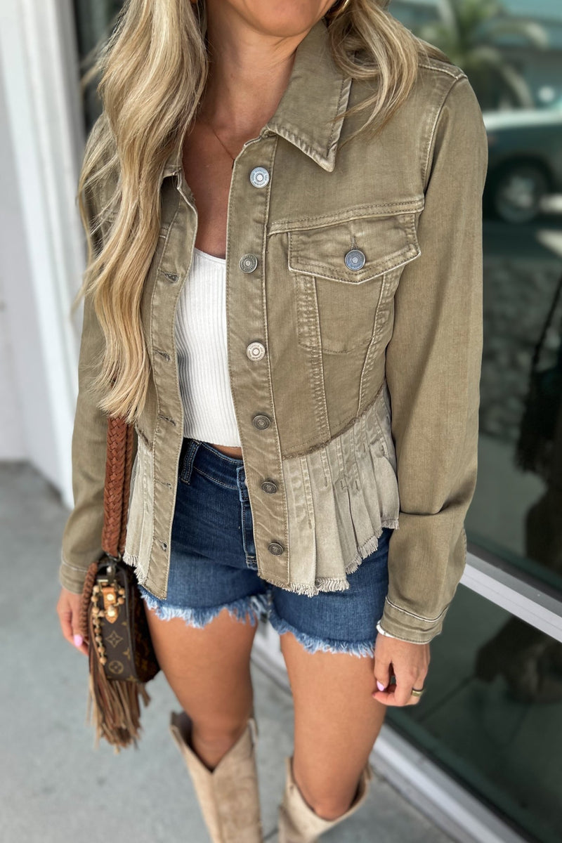 KANCAN Savannah Peplum Olive Green Denim Jacket Simply Me Boutique